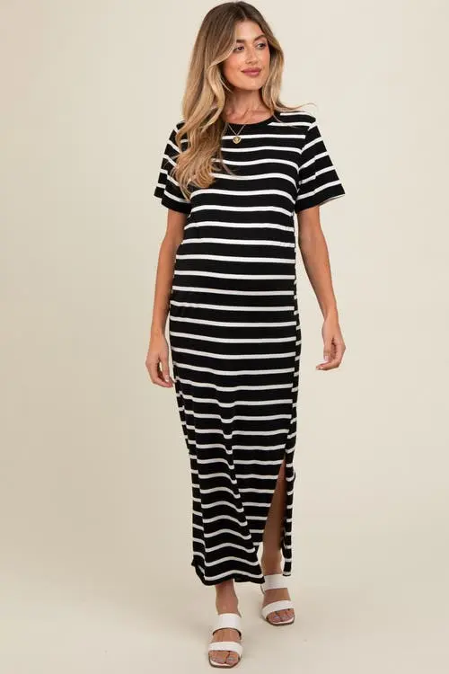 PINKBLUSH Striped Maxi Dress With Side Slit - Black