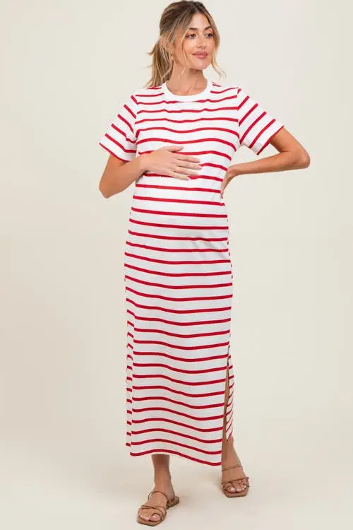 PINKBLUSH Striped Side Slit Maxi Dress - Red