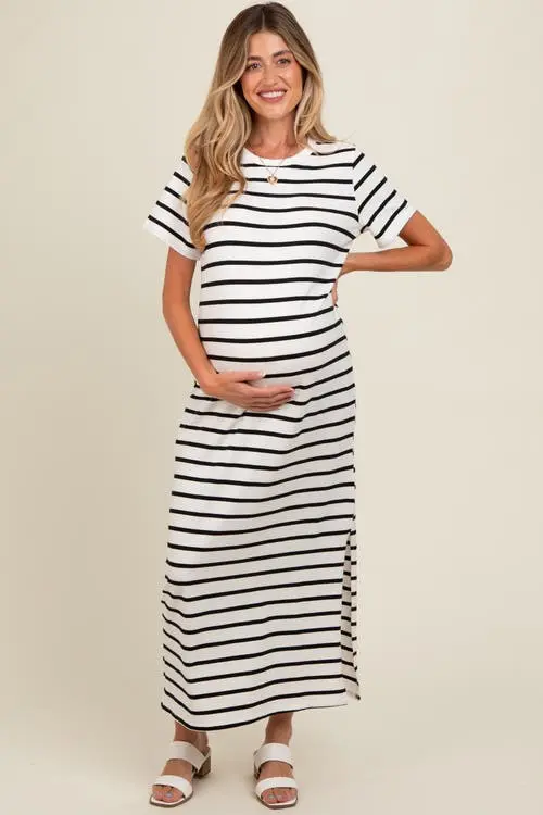 PINKBLUSH Striped Side Slit Maxi Dress - White