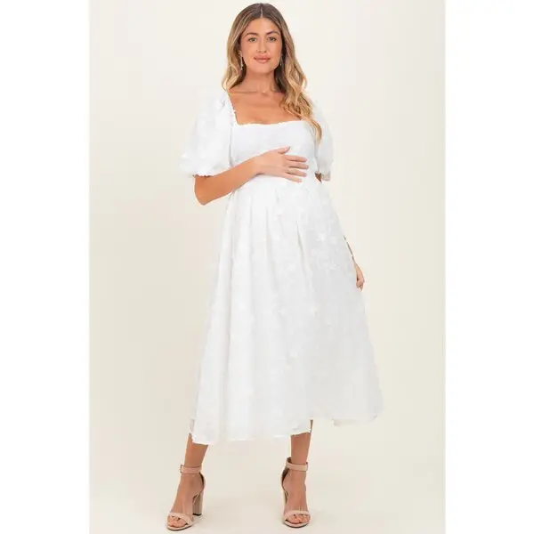 PINKBLUSH Embroidered Floral Puff Sleeve Midi Dress - Ivory