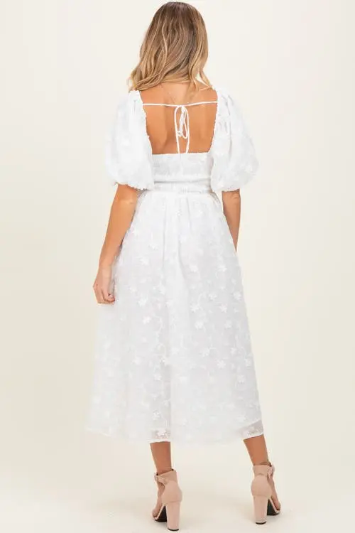 PINKBLUSH Embroidered Floral Puff Sleeve Midi Dress - Ivory