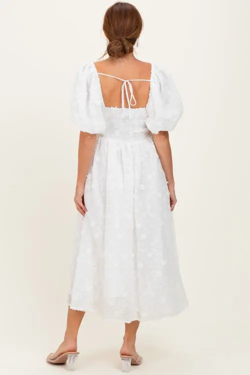 PINKBLUSH Embroidered Floral Puff Sleeve Midi Dress - Ivory