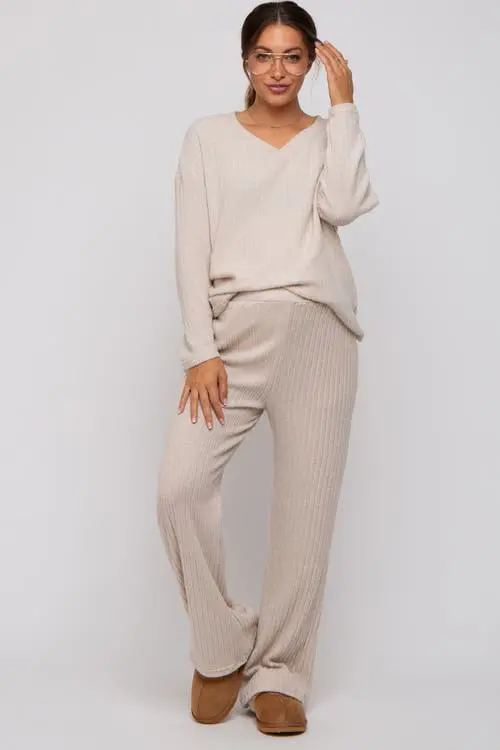 PINKBLUSH Ribbed Soft Knit Long Sleeve Pajama Set - Beige