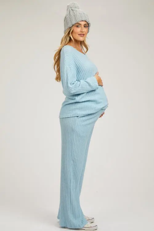 PINKBLUSH Ribbed Soft Knit Long Sleeve Pajama Set - Light Blue