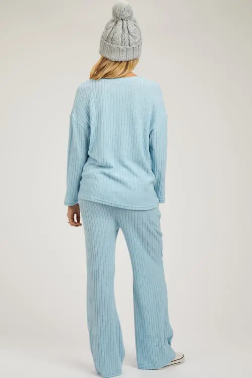 PINKBLUSH Ribbed Soft Knit Long Sleeve Pajama Set - Light Blue