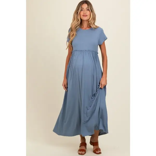 PINKBLUSH Ruffle Trim Empire Waist Maternity Maxi Dress - Blue