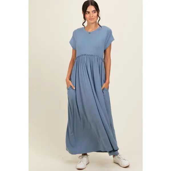 PINKBLUSH Ruffle Trim Empire Waist Maternity Maxi Dress - Blue