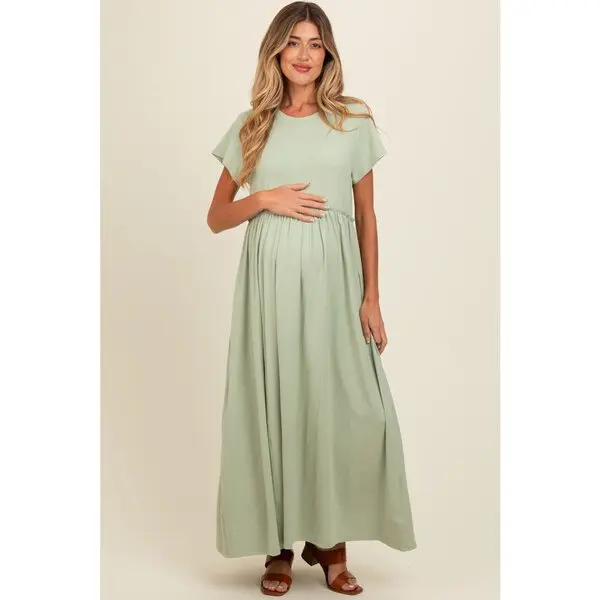 PINKBLUSH Ruffle Trim Empire Waist Maxi Dress - Light Olive