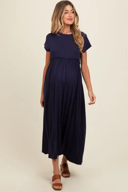 PINKBLUSH Ruffle Trim Empire Waist Maxi Dress - Navy Blue