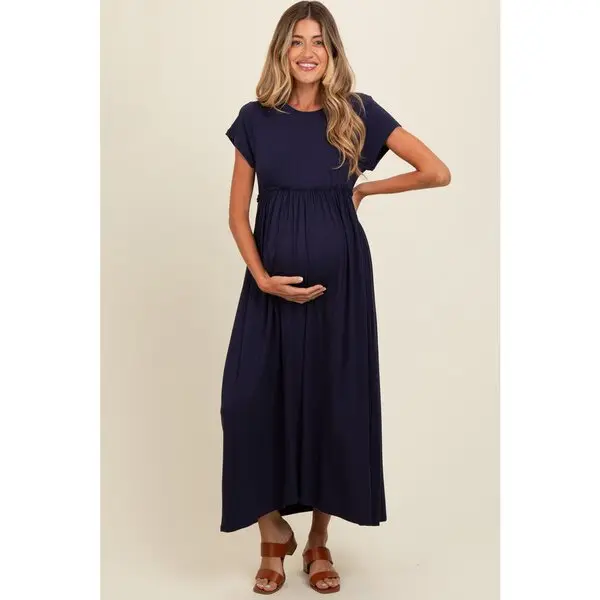 PINKBLUSH Ruffle Trim Empire Waist Maternity Maxi Dress - Navy Blue