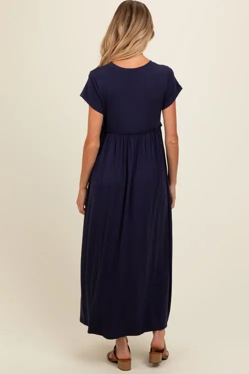 PINKBLUSH Ruffle Trim Empire Waist Maternity Maxi Dress - Navy Blue