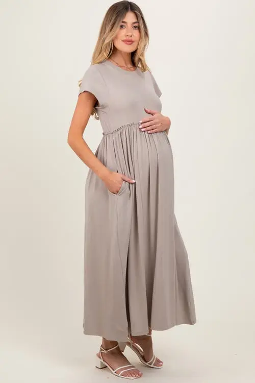 PINKBLUSH Ruffle Trim Empire Waist Maternity Maxi Dress - Taupe