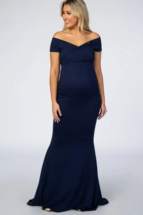 PINKBLUSH Off Shoulder Wrap Maternity Gown - Blue