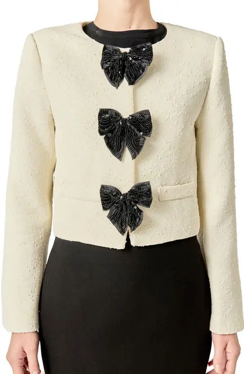 English Factory Sequin Bow Jacquard Crop Jacket