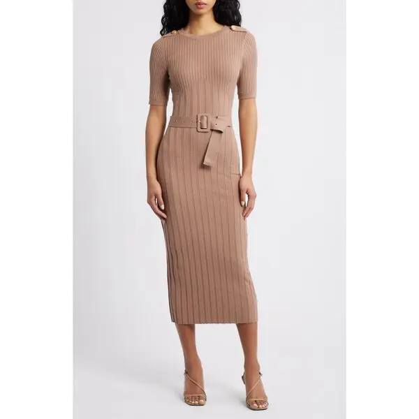 FREEMARKET Belted Ribbed Midi Sweater Dress