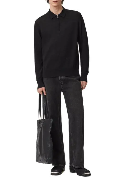 ALLSAINTS Albany Merino Wool Quarter Zip Polo - Cinder Black