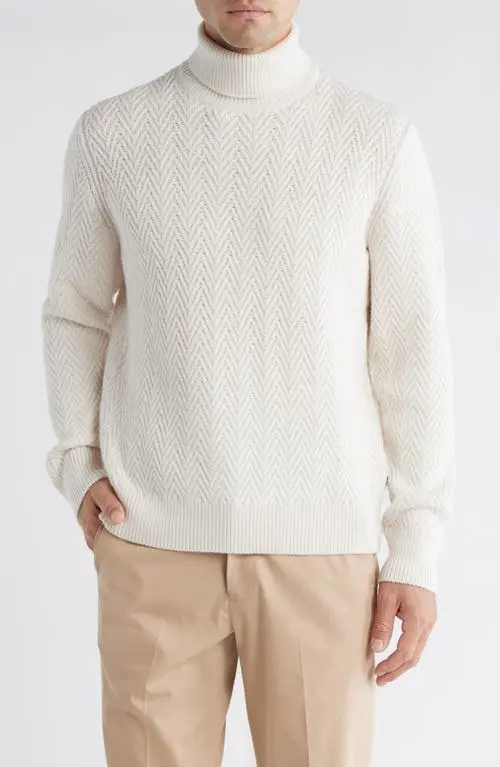 BOSS Hatilo Chevron Stitch Turtleneck Virgin Wool Sweater - Open White