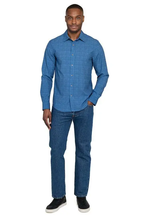 W.R.K Slim Fit Square Geo Print Performance Button-up Shirt - Navy