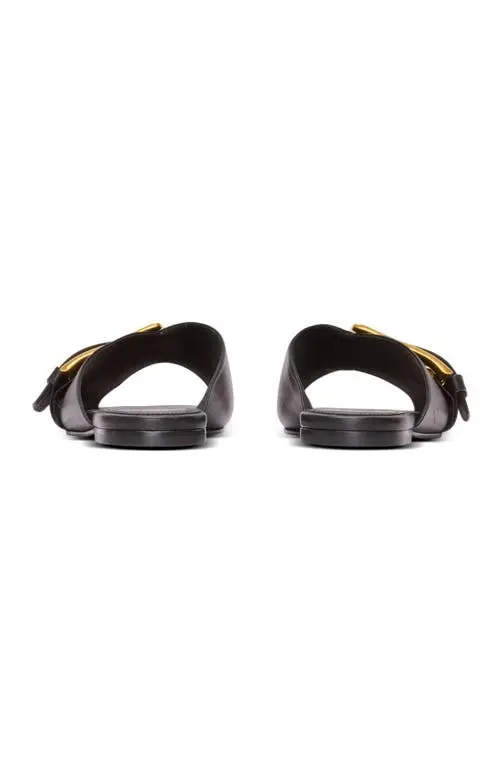 Balmain Anthem Flat Calfskin Leather Sandals With Gold Buckle - Black