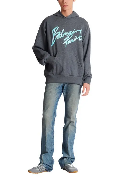 Balmain Printed Cotton Jersey Hoodie - Grey