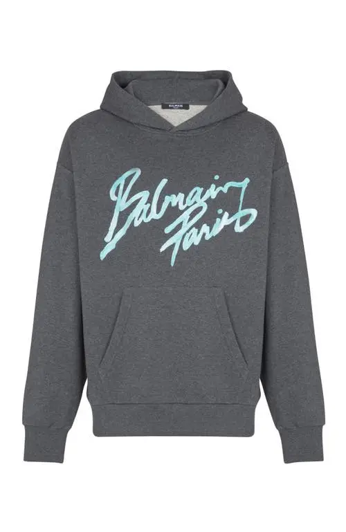 Balmain Printed Cotton Jersey Hoodie - Grey
