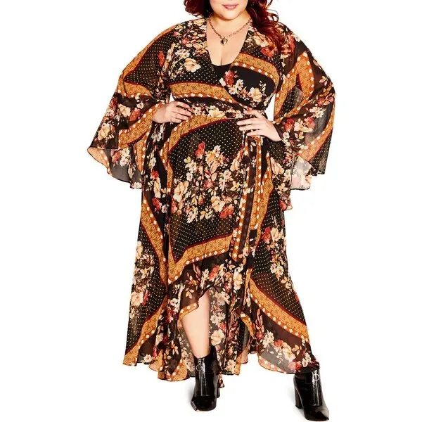 City Chic Long Sleeve Wrap Maxi Dress - Floral