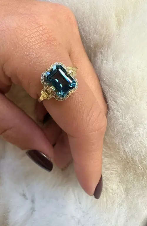 Goshwara Emerald Cut London Blue Topaz & Pavé Diamond Ring