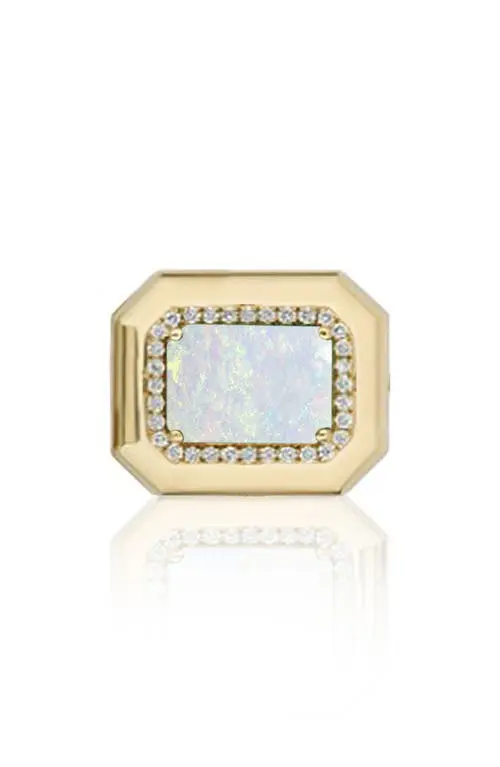 Goshwara 18k Gold Emerald Cut Ring With Pavé Diamonds - White Opaque