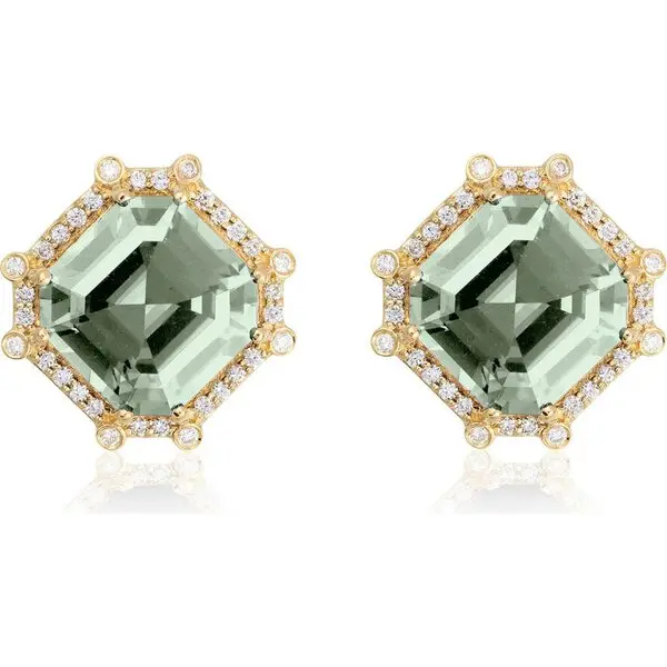 Goshwara Asscher Cut Stone Stud Earrings With Diamonds In 18k Gold - Translucent Green