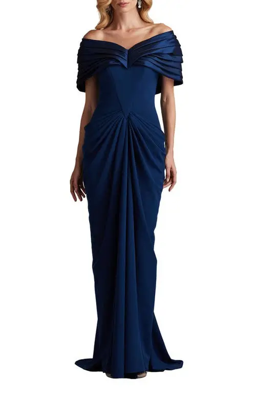 Tadashi Shoji Off-the-shoulder Ruched Crepe Gown