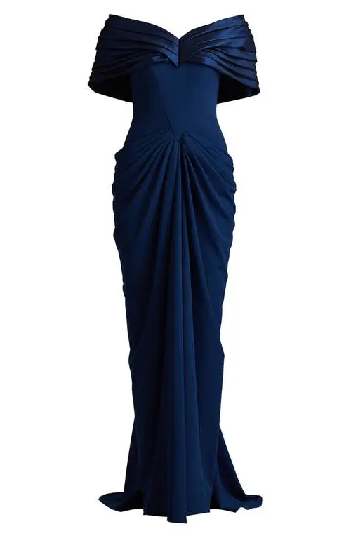 tadashi shoji navy blue dress Seraphine Pleated Portrait Collar Gown