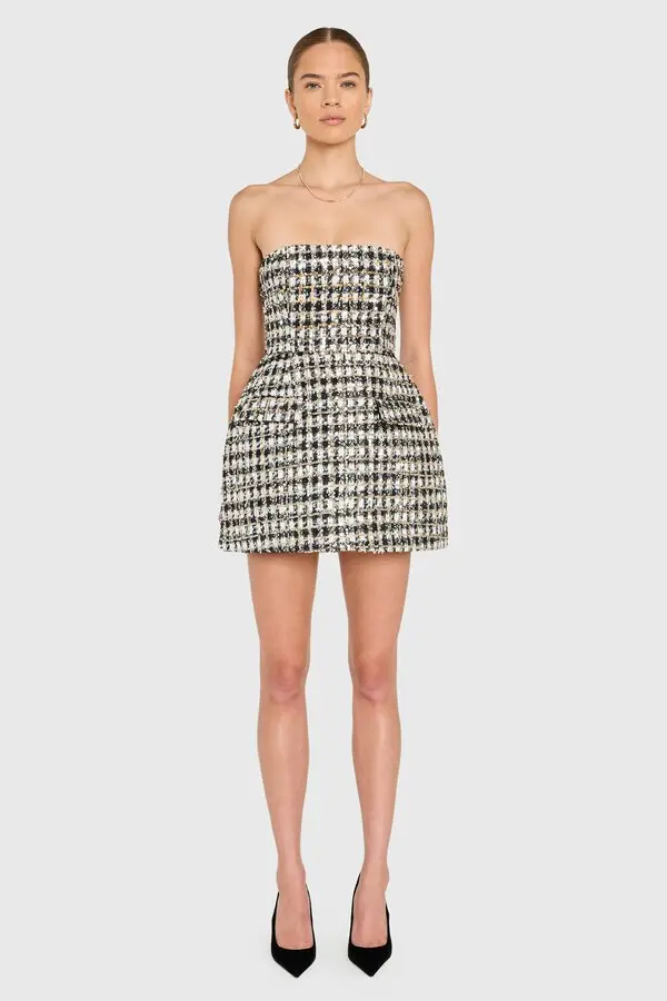 Amanda Uprichard Strapless Bethany Skort Romper In Winslet Tweed - Black White