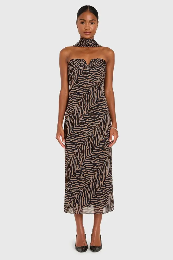 Amanda Uprichard Lara Strapless Midi Dress With Detachable Scarf - Chocolate Multi