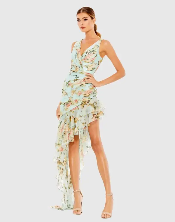 Mac Duggal Floral Print Asymmetrical Ruffle Hem Dress