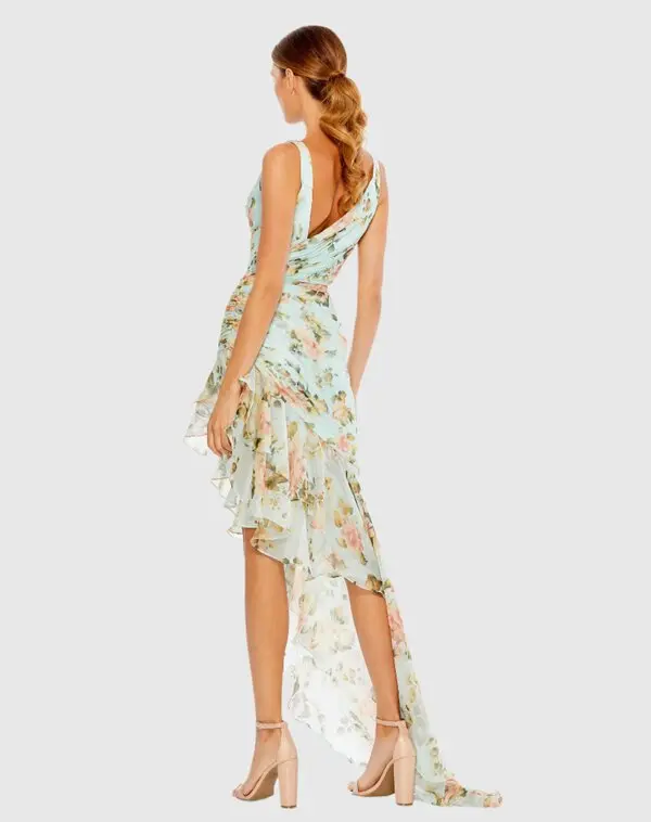Mac Duggal Floral Print Asymmetrical Ruffle Hem Dress