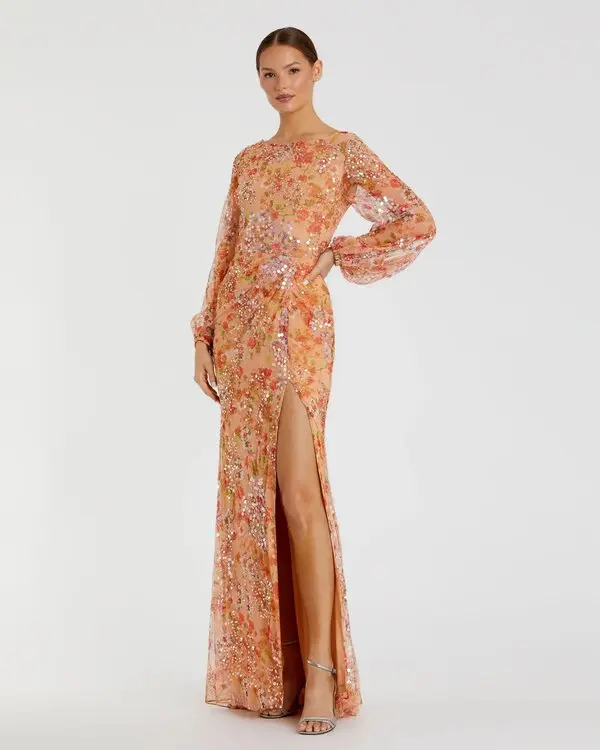 Mac Duggal Floral Print Gown With Sequin Detailing - Apricot