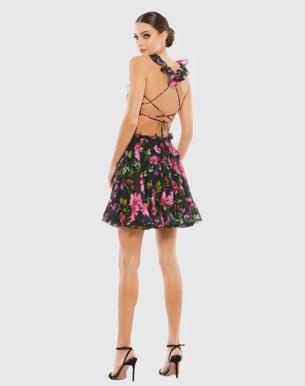green emerald velvet dress Mac Duggal Floral Print High Neck Cape Mini Dress - Rose Multi (Pink) main image 0