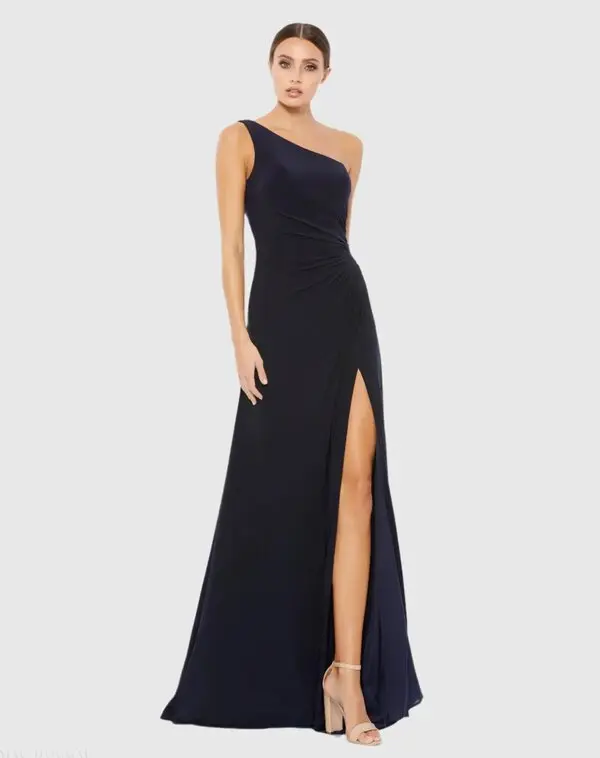Mac Duggal One-shoulder Ruched Jersey Evening Gown - Navy