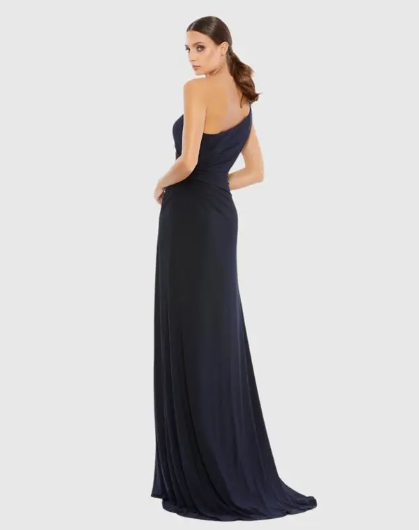 Mac Duggal One-shoulder Ruched Jersey Evening Gown - Navy