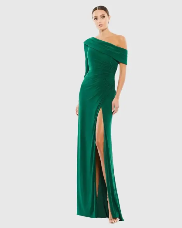 Mac Duggal Ruched Jersey Drop Shoulder Foldover Gown - Green