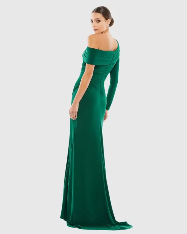 Mac Duggal Ruched Jersey Drop Shoulder Foldover Gown - Green