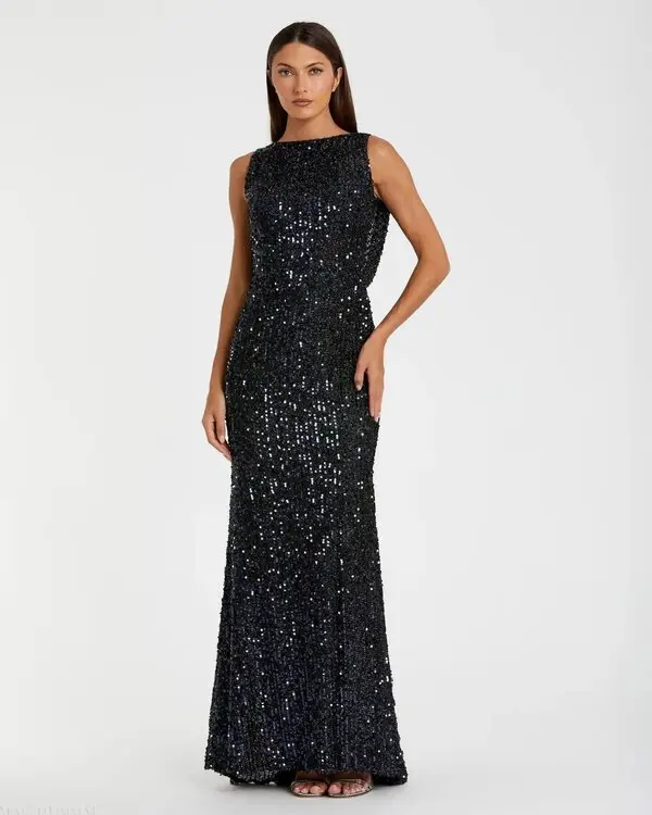 Mac Duggal Sequin Cowl Back Evening Gown - Navy
