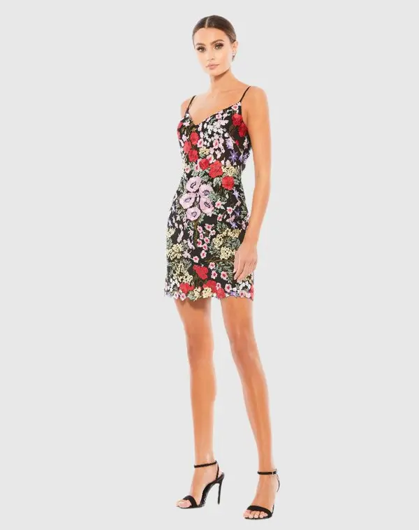 Mac Duggal Floral Embroidered Lace-up Mini Dress