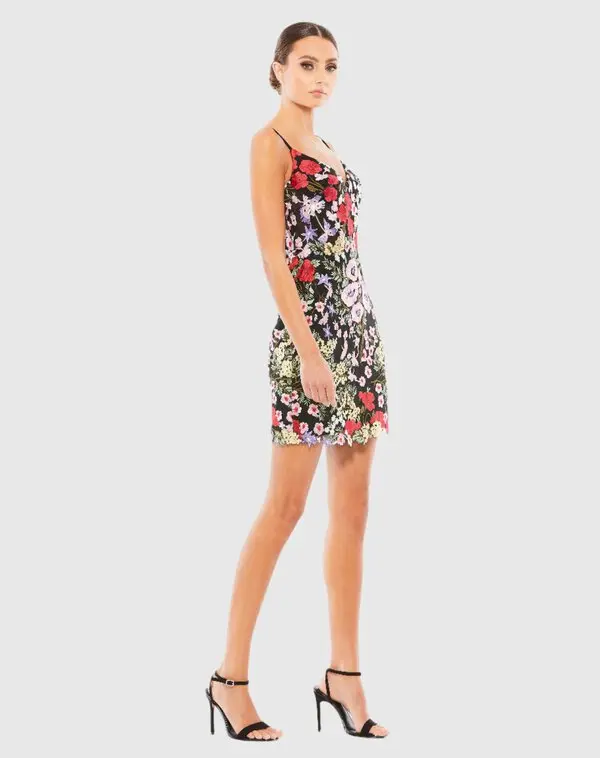 Mac Duggal Floral Embroidered Lace-up Mini Dress