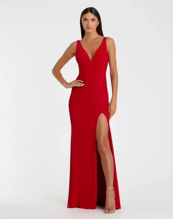 Mac Duggal Plunge Neck Gown With High Slit