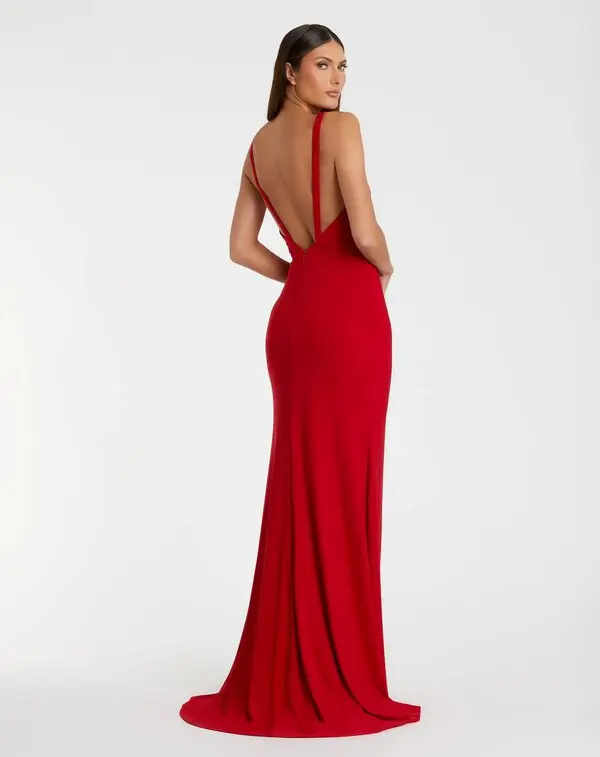 Mac Duggal Plunge Neck Gown With High Slit