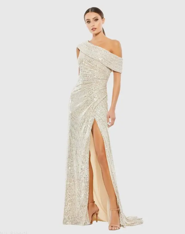 Mac Duggal Sequin Off-the-shoulder Gown With Slit - Gold