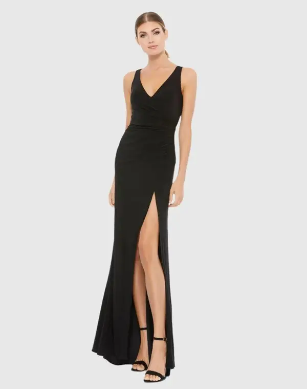 Mac Duggal Sleeveless Faux Wrap Gown With Ruching And Slit - Black