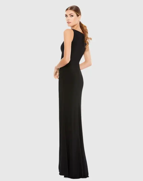 Mac Duggal Sleeveless Faux Wrap Gown With Ruching And Slit - Black