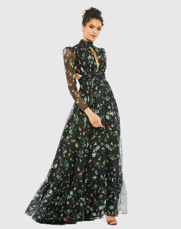 Mac Duggal High Neck Puff Sleeve Gown